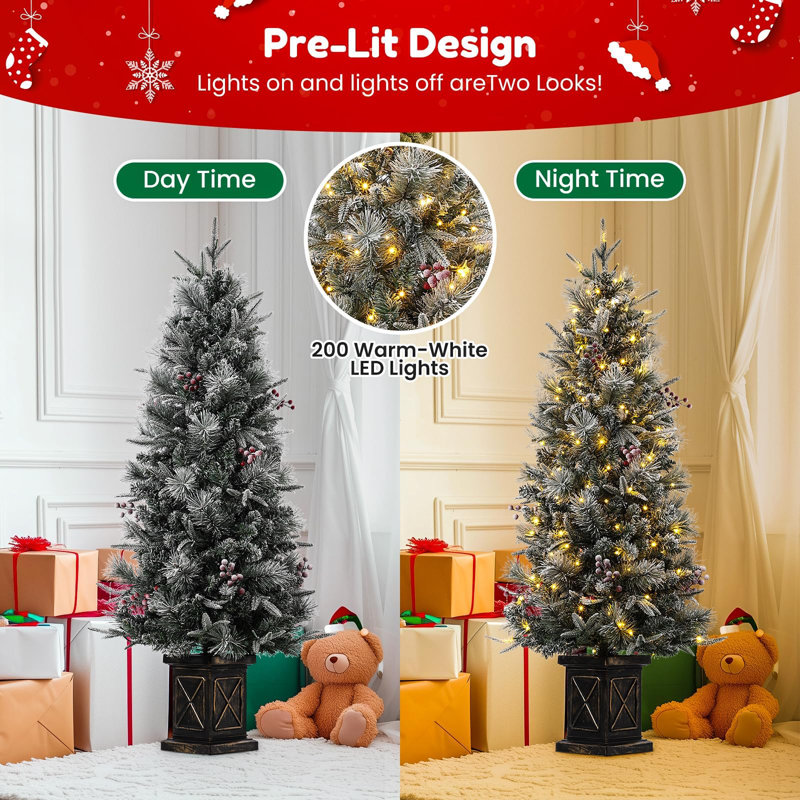 The Holiday Aisle® Christmas Tree, 4.5-Foot Pre-Lit Artificial Christmas Tree With 200 Warm Led ...